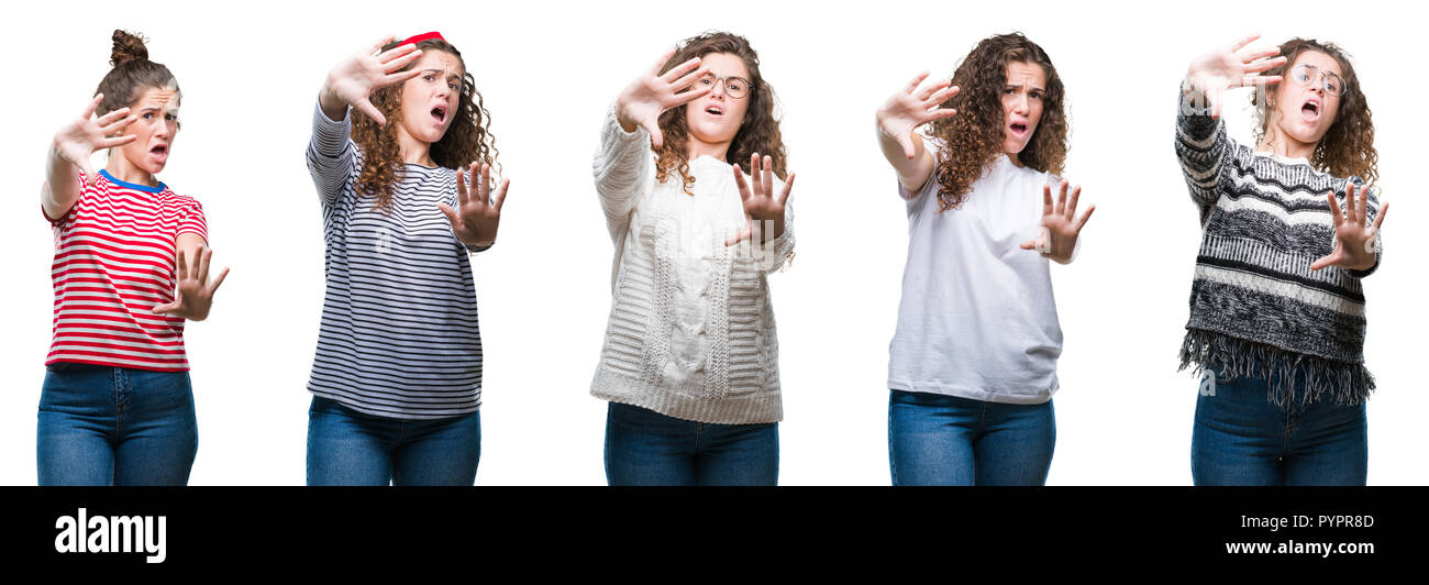 Collage of young brunette curly hair girl over isolated background ...