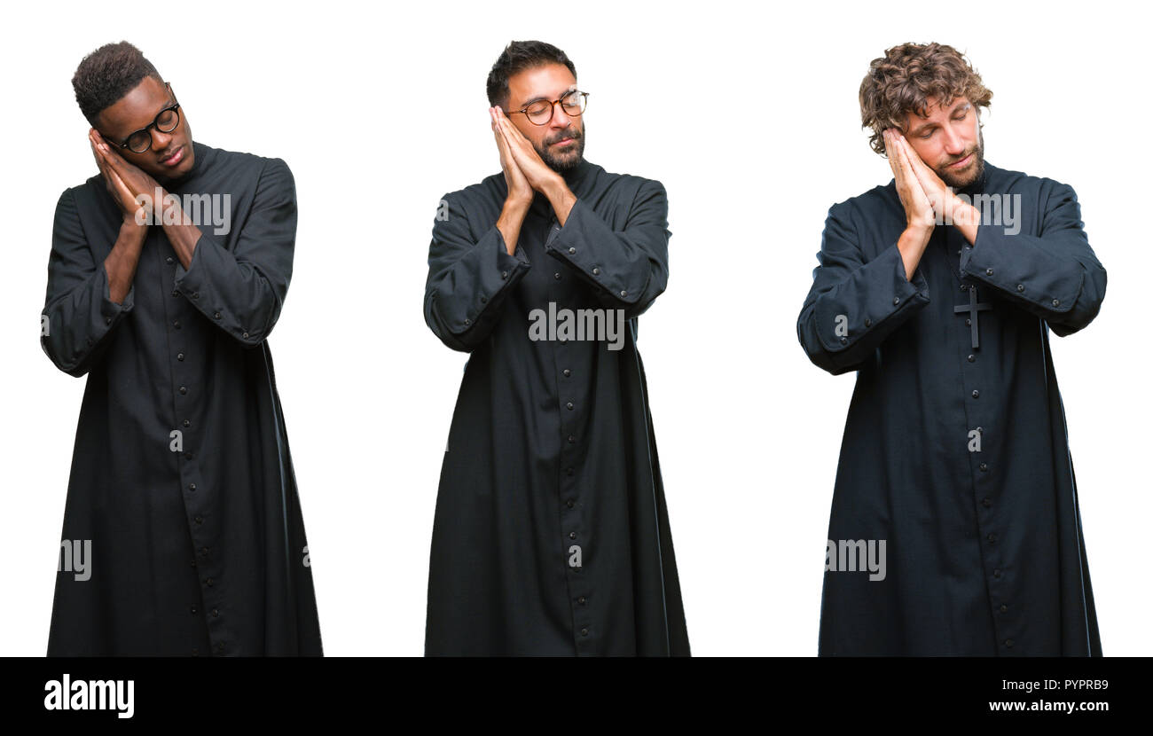 Collage of christian priest men over isolated background sleeping tired ...