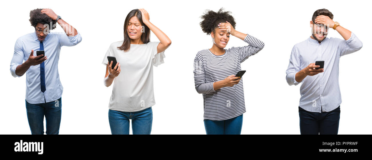 Collage of people texting sending message using smartphone over ...