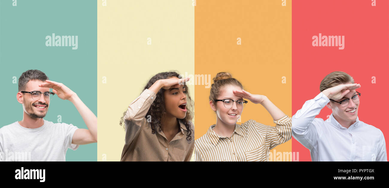 Collage of a group of people isolated over colorful background very ...