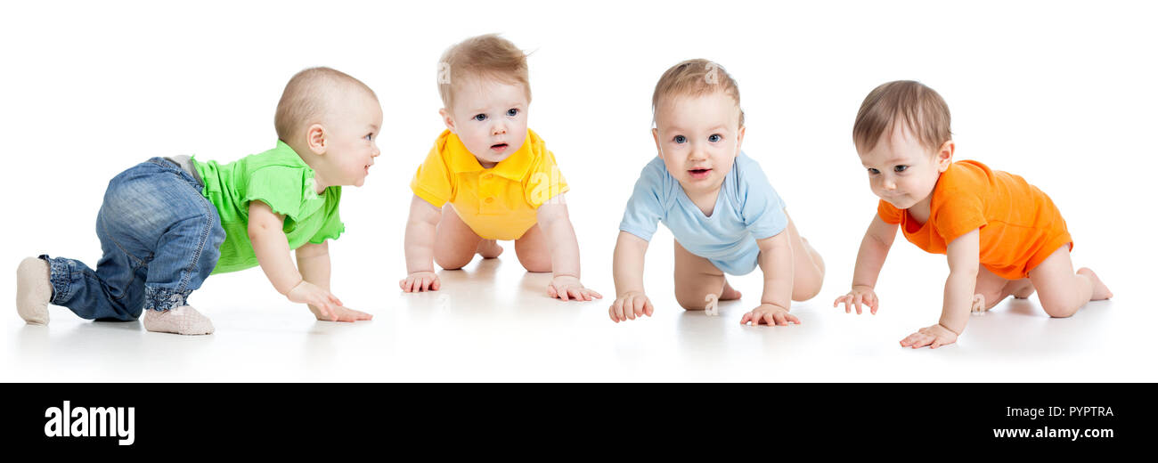 Group of cute babies crawling on floor. Isolated on white Stock Photo ...