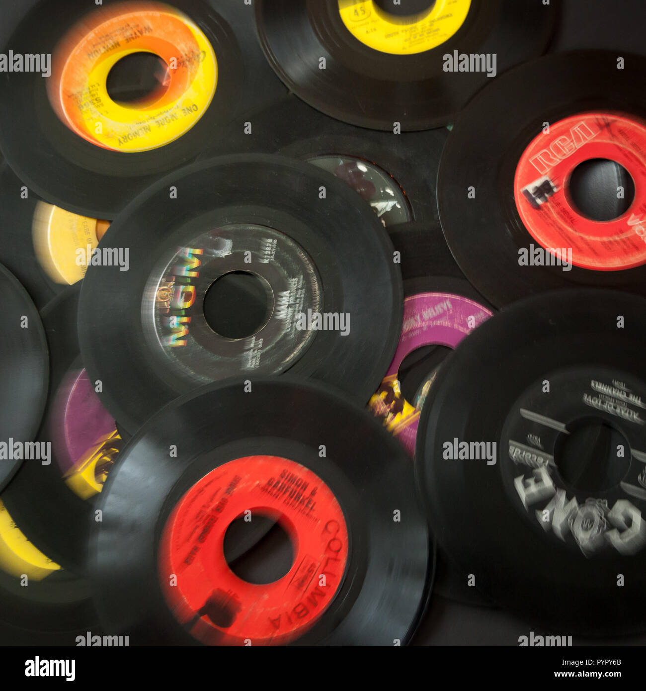 WOODBRIDGE, NEW JERSEY - October 11, 2018: A collection of 45 speed ...