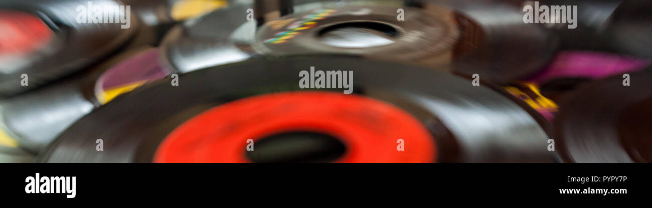 WOODBRIDGE, NEW JERSEY - October 11, 2018: A collection of 45 speed ...