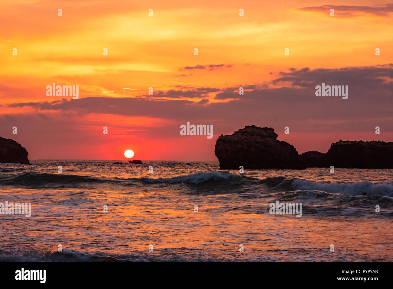 Spectacular sunset seen from the beach in Biarritz, France Stock Photo ...