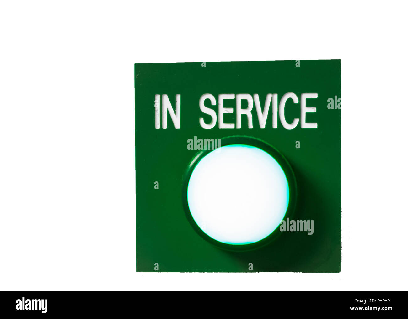 Green "In Service" button signal isolated on white. Concept of system ...