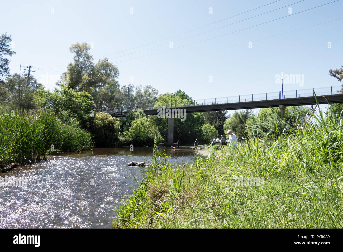 The Peel River flowing beneath a pedestrian bridge,Tamworth Australia ...