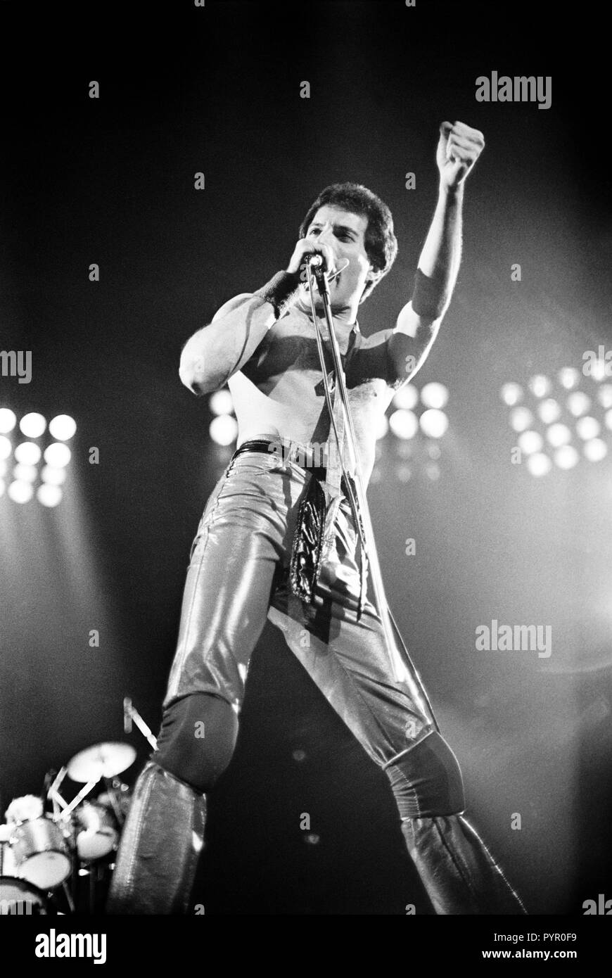 Freddie Mercury of Queen performing at the Spectrum in Philadelphia, PA ...