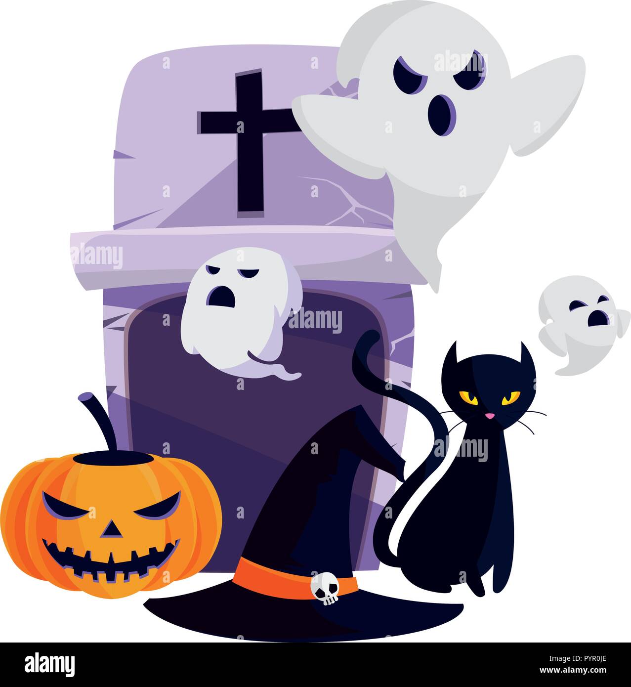 halloween black cat with ghost characters vector illustration design ...