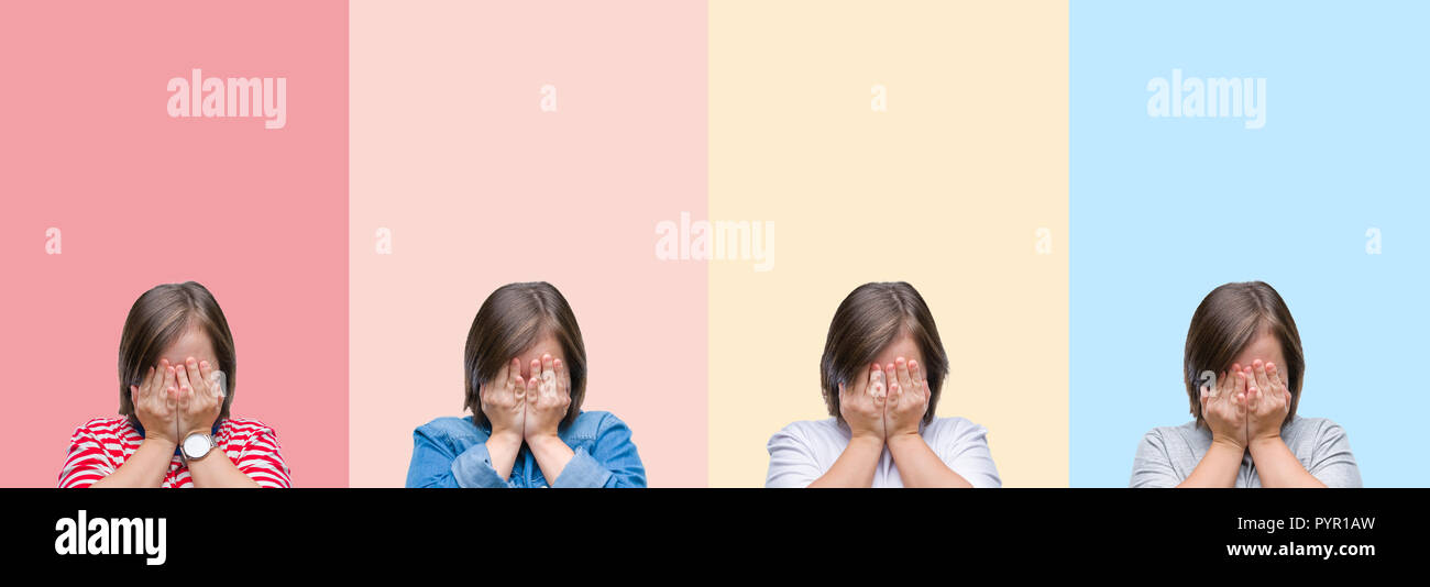 Collage of down syndrome woman over colorful stripes isolated ...