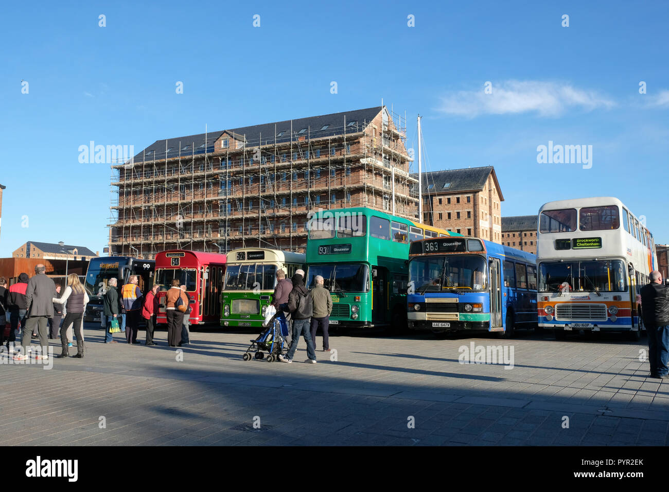Classic buses on parade in Mariners Square at Gloucester Docks Stock ...