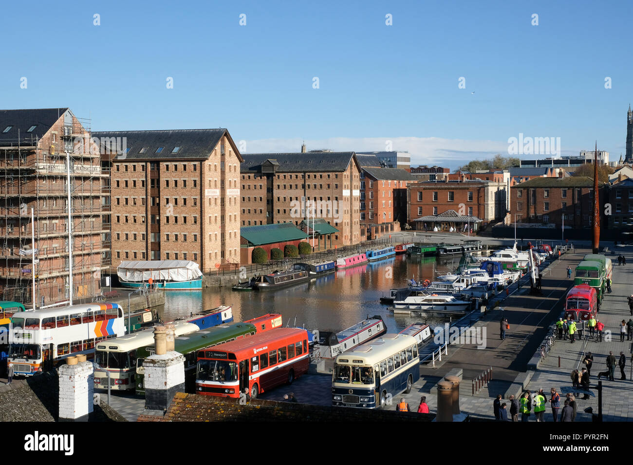 An elevated view of classic buses assemble in Gloucester docks Stock ...