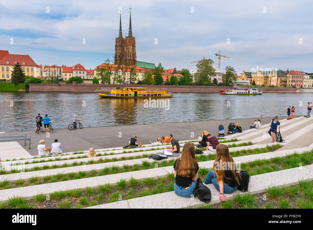 Cathedral Island Wroclaw, view of people looking across the River Oder ...