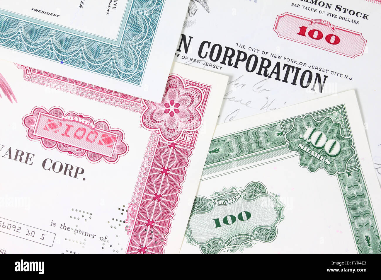 Corporation investment. Old stock share certificates from 1950s-1970s ...