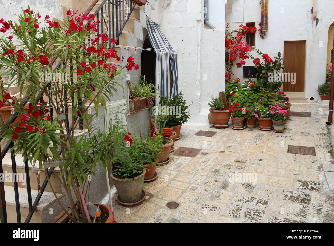 Grottaglie, Italy - street view with flower pots in Apulia region Stock ...