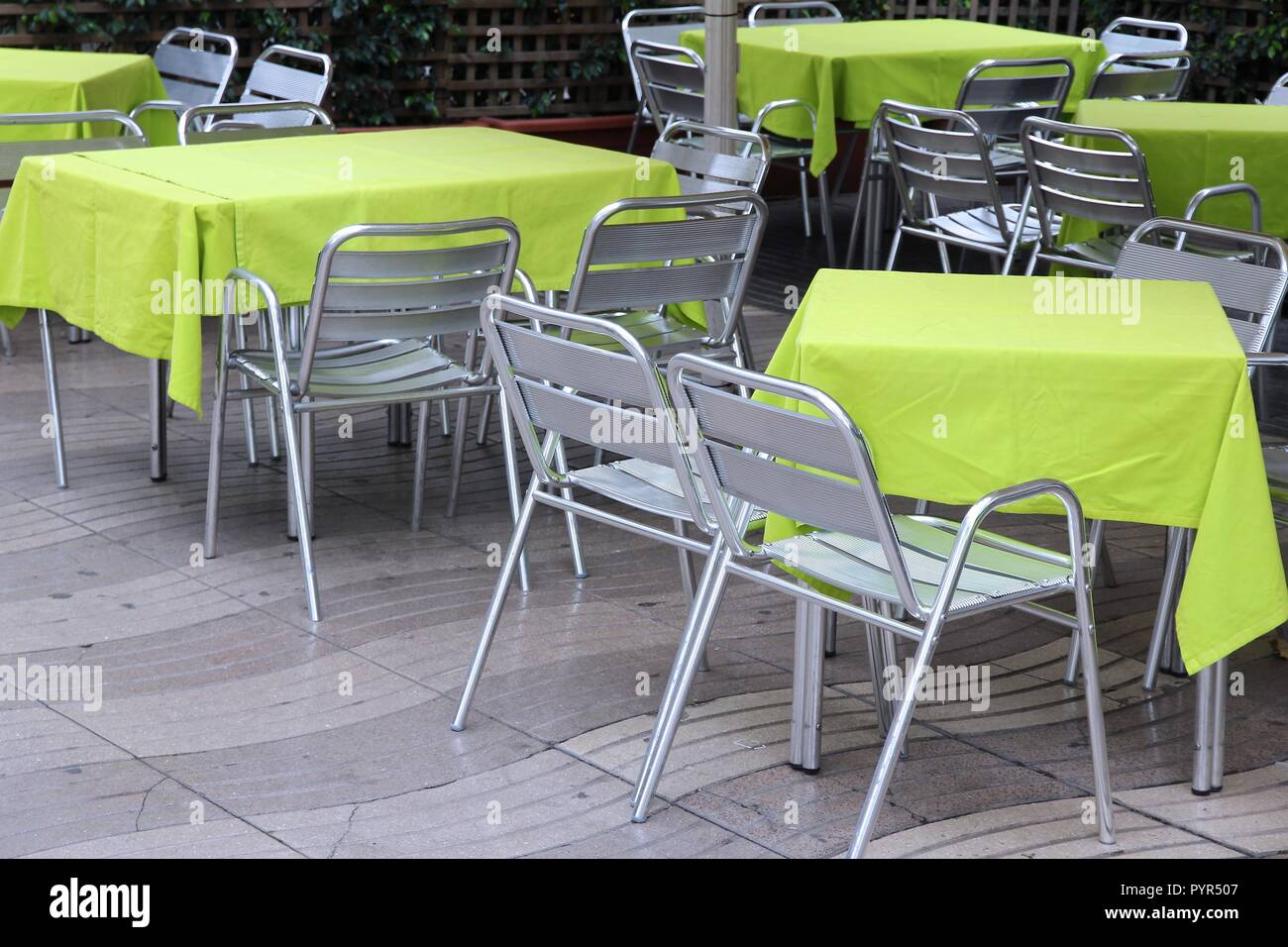 Generic contemporary restaurant in Barcelona, Spain. Outdoor tables ...