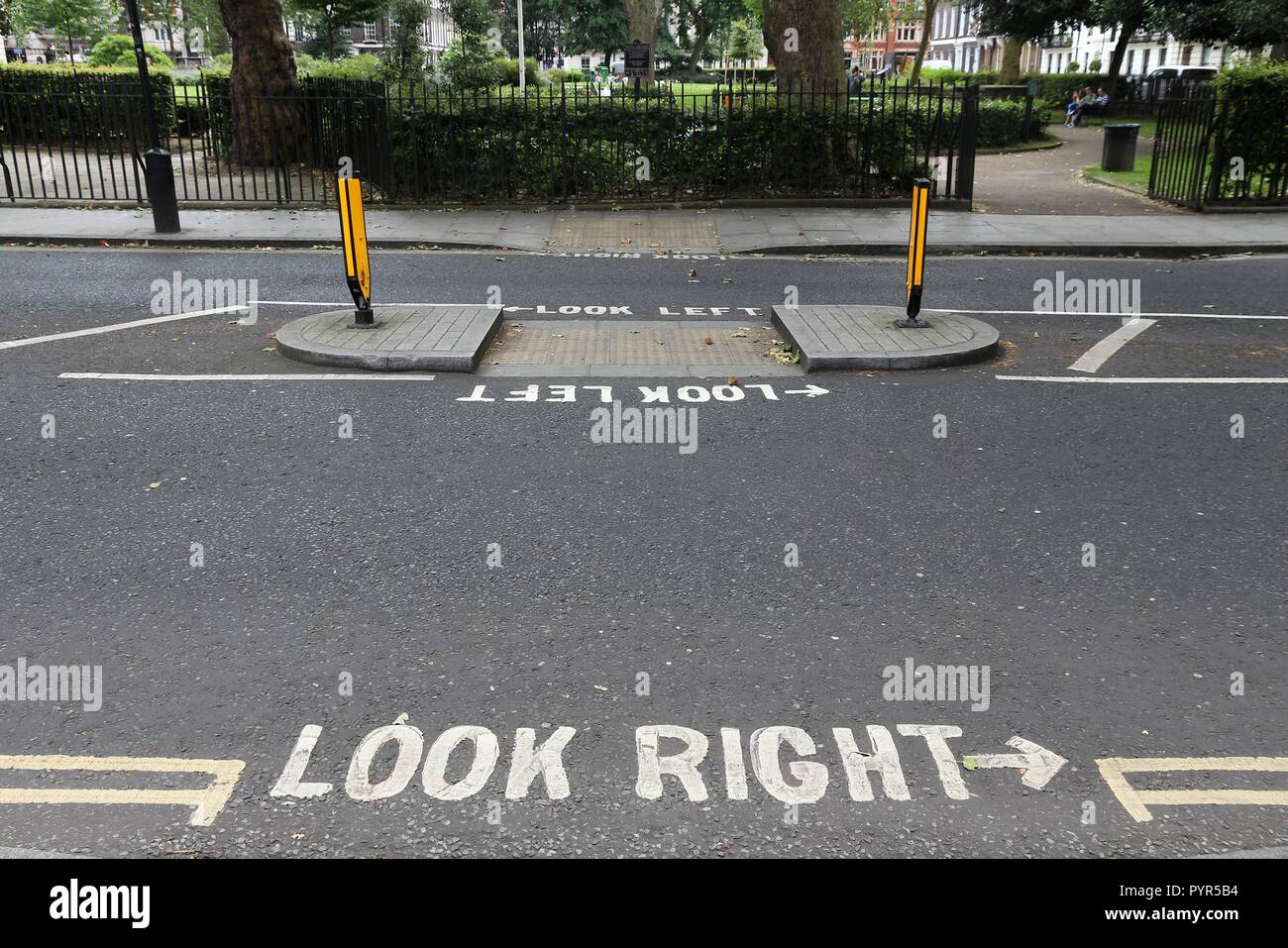 London pedestrian signs - look right and look left. Traffic warning ...