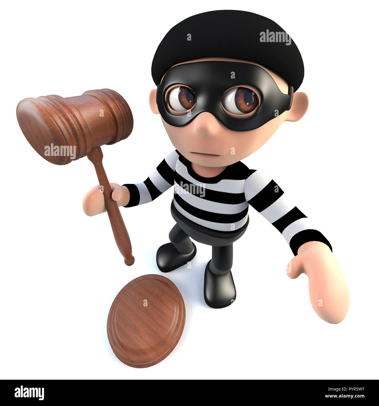 3d render of a funny cartoon burglar thief holding a judges gavel Stock ...