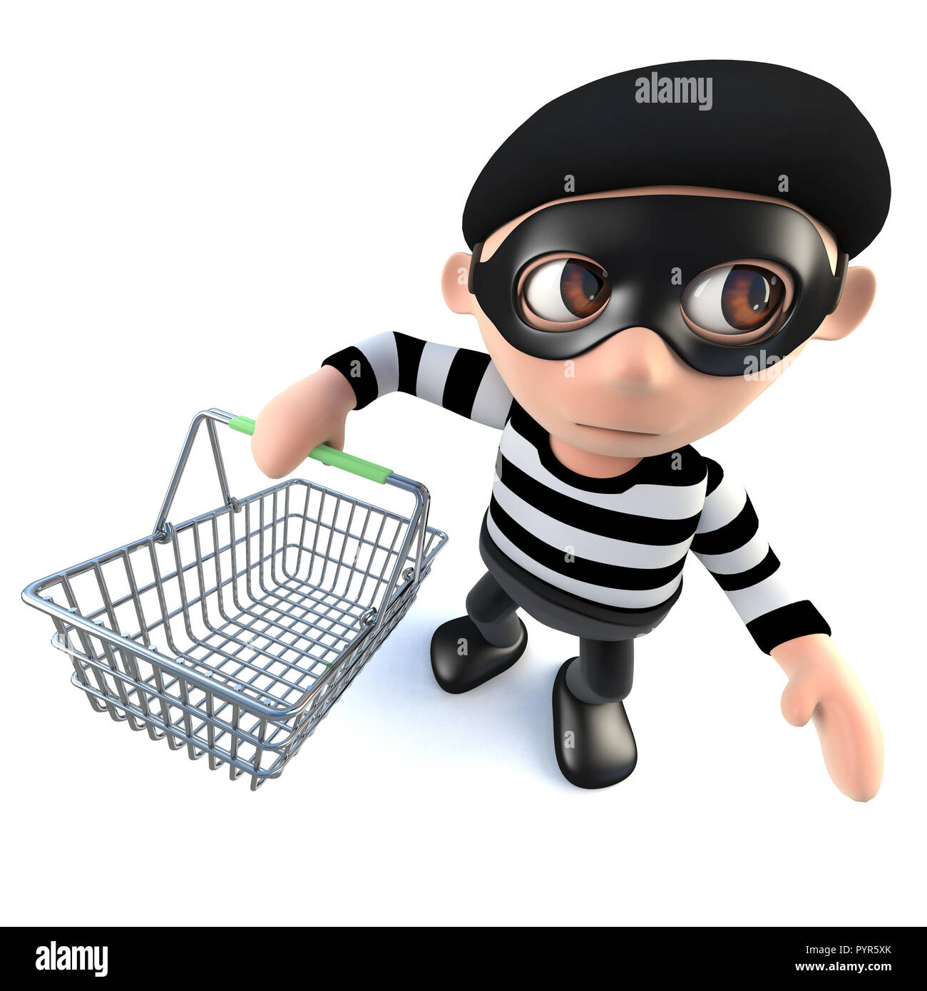 3d render of a funny cartoon burglar thief character holding a shopping ...