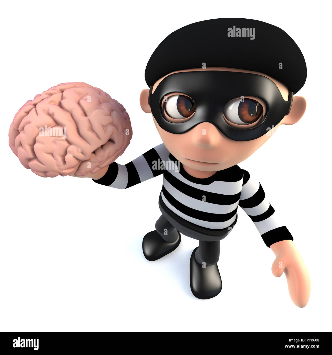 3d render of a funny cartoon burglar thief holding a human brain Stock ...