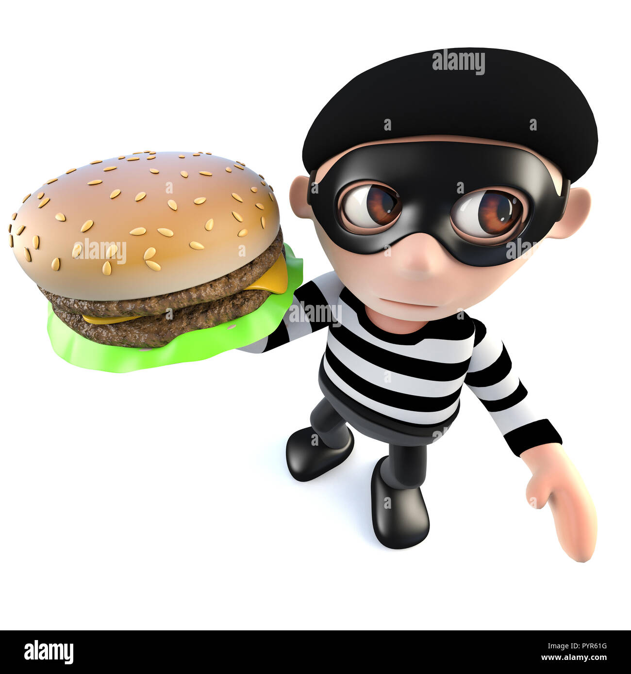3d render of a funny cartoon burglar thief holding a cheese burger ...