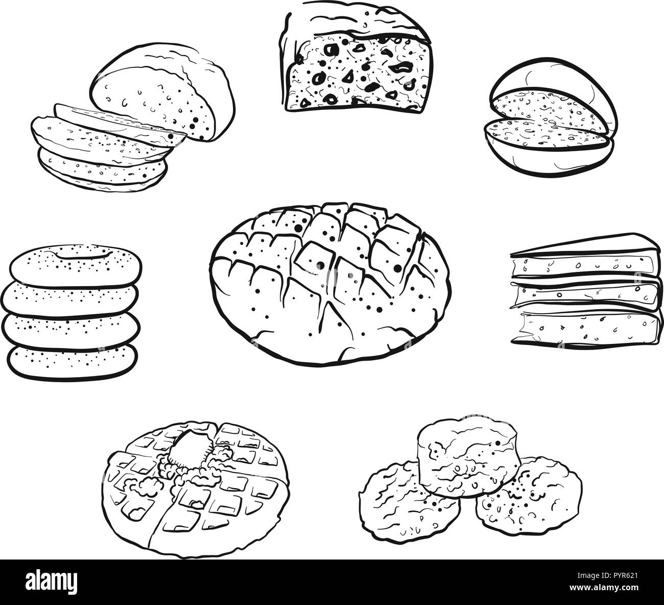 Set of hand drawn bread icons. Black outline vector drawings Stock ...
