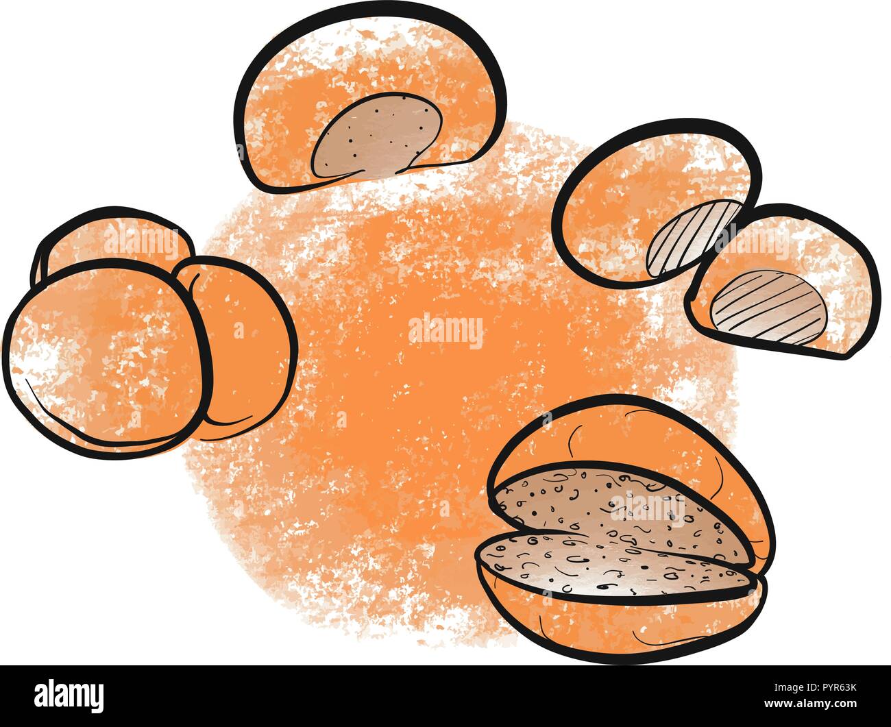 Hand drawn bread rolls. Black vector outline and colored fills Stock ...