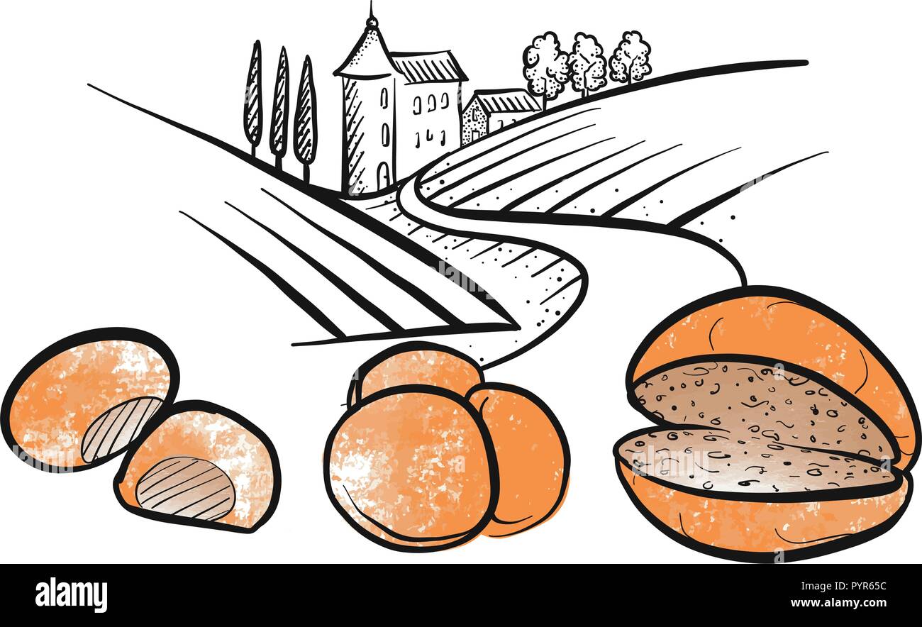 Hand drawn bread roll icons with landscape. Black vector outlines and ...