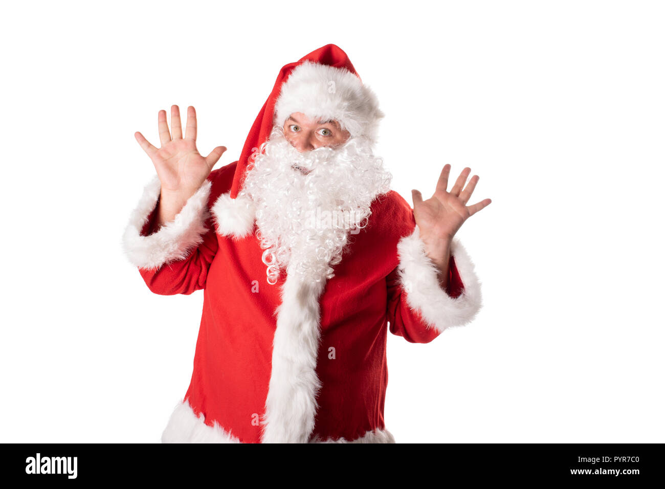 Funny fat man in Santa costume. Christmas and New Year. Holidays and ...