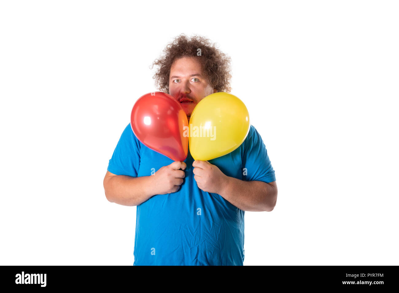 Funny fat man with balloons. Happy birthday. Joy and fun Stock Photo ...