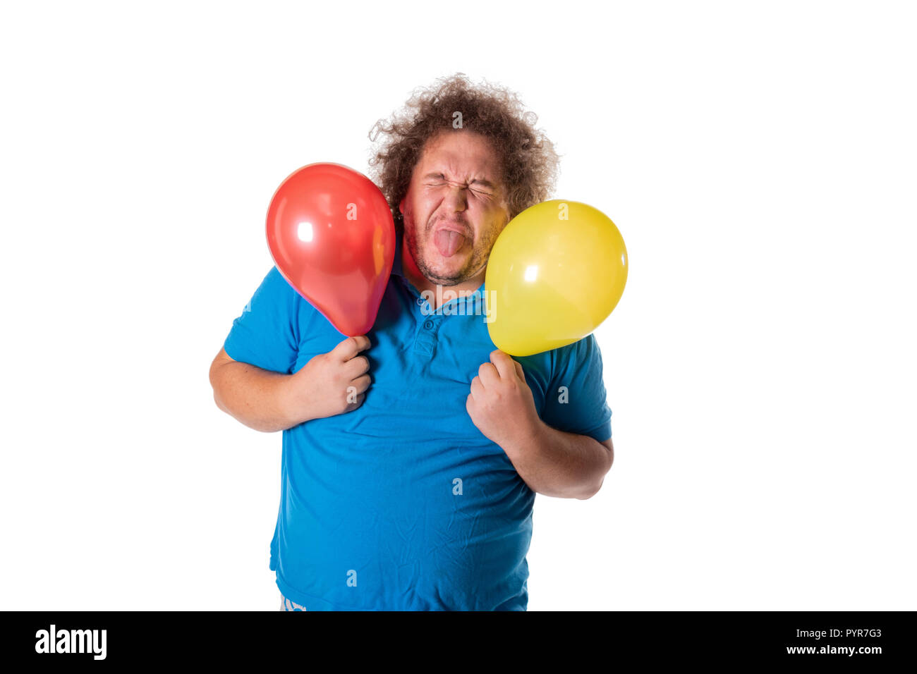 Funny fat man with balloons. Happy birthday. Joy and fun Stock Photo ...