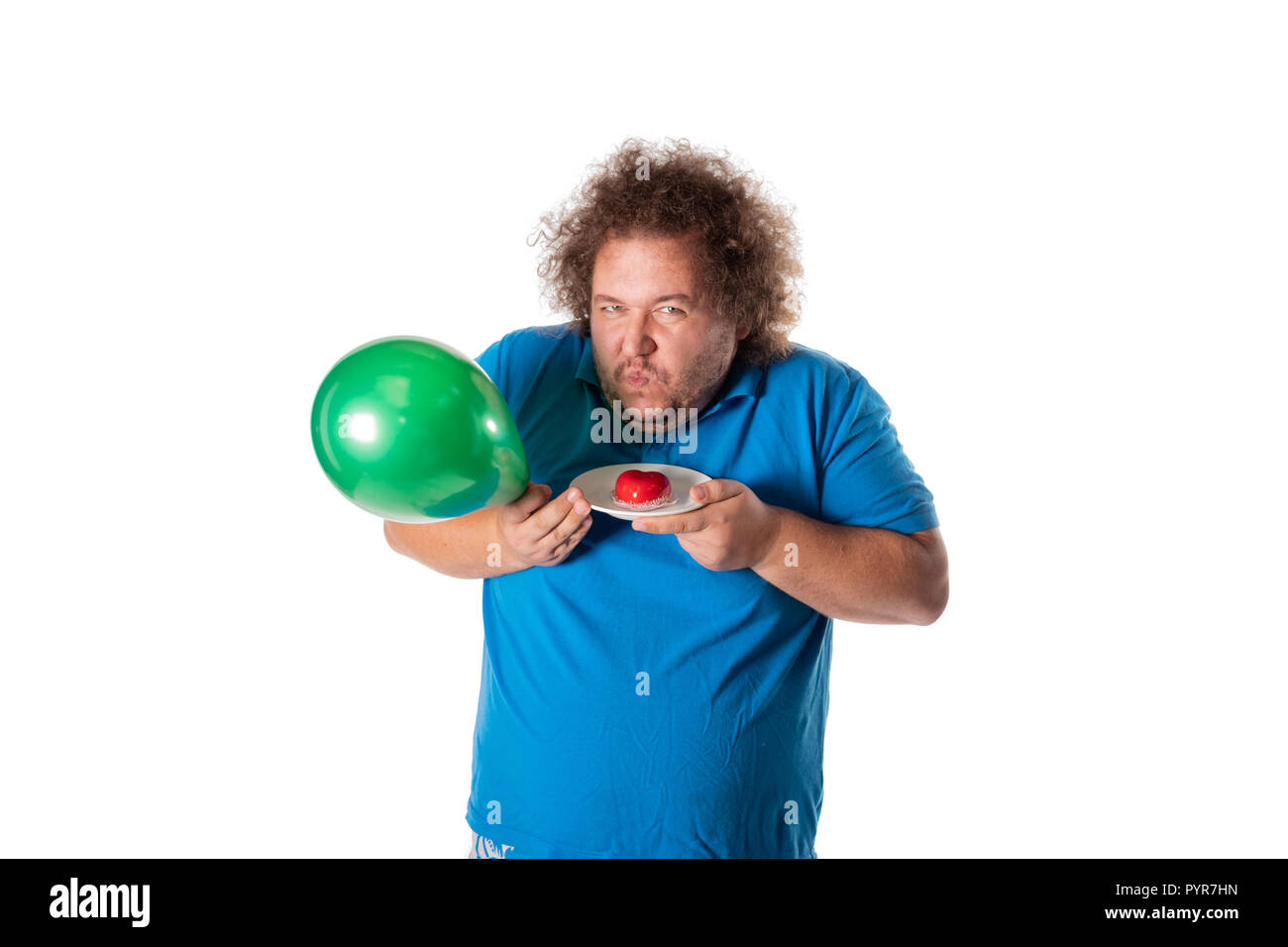 Funny fat man with cake and balloons. Happy birthday. Joy and fun Stock ...