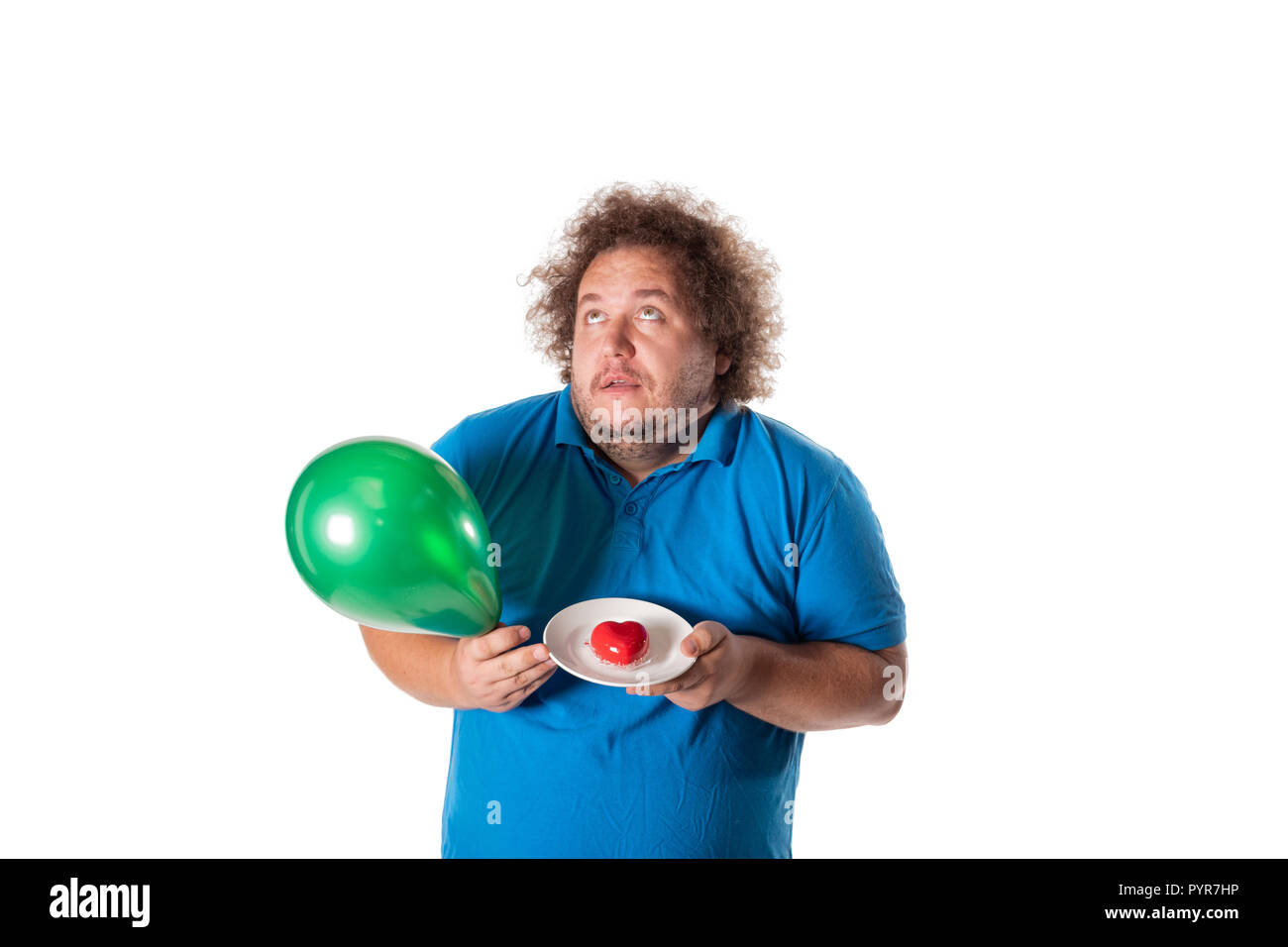 Funny fat man with cake and balloons. Happy birthday. Joy and fun Stock ...