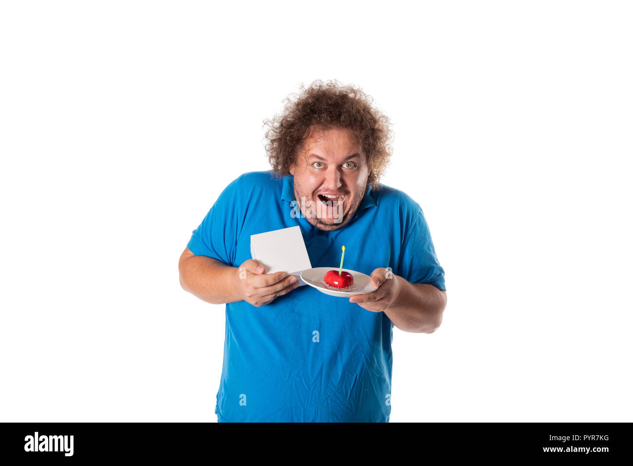 Funny fat man with cake and gift. Happy birthday. Joy and fun Stock ...