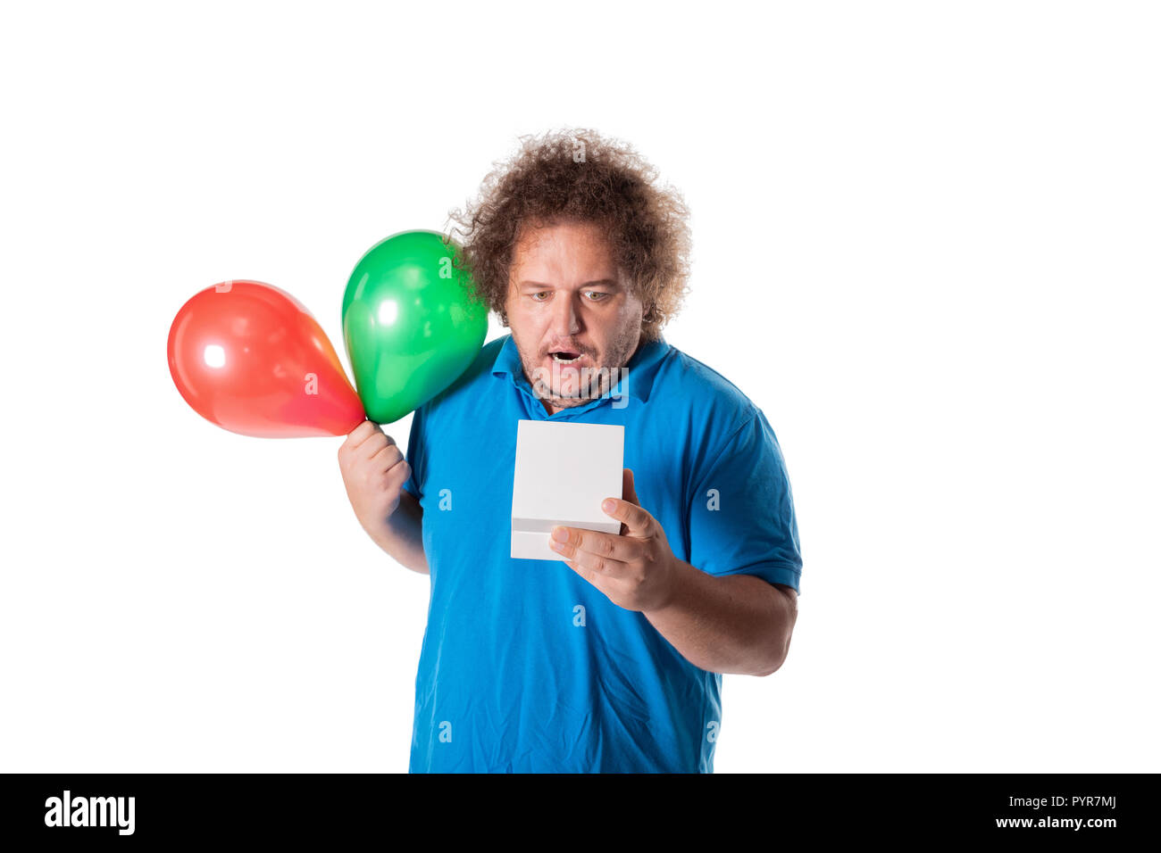 Funny fat man with gift and balloons. Happy birthday. Joy and fun Stock ...