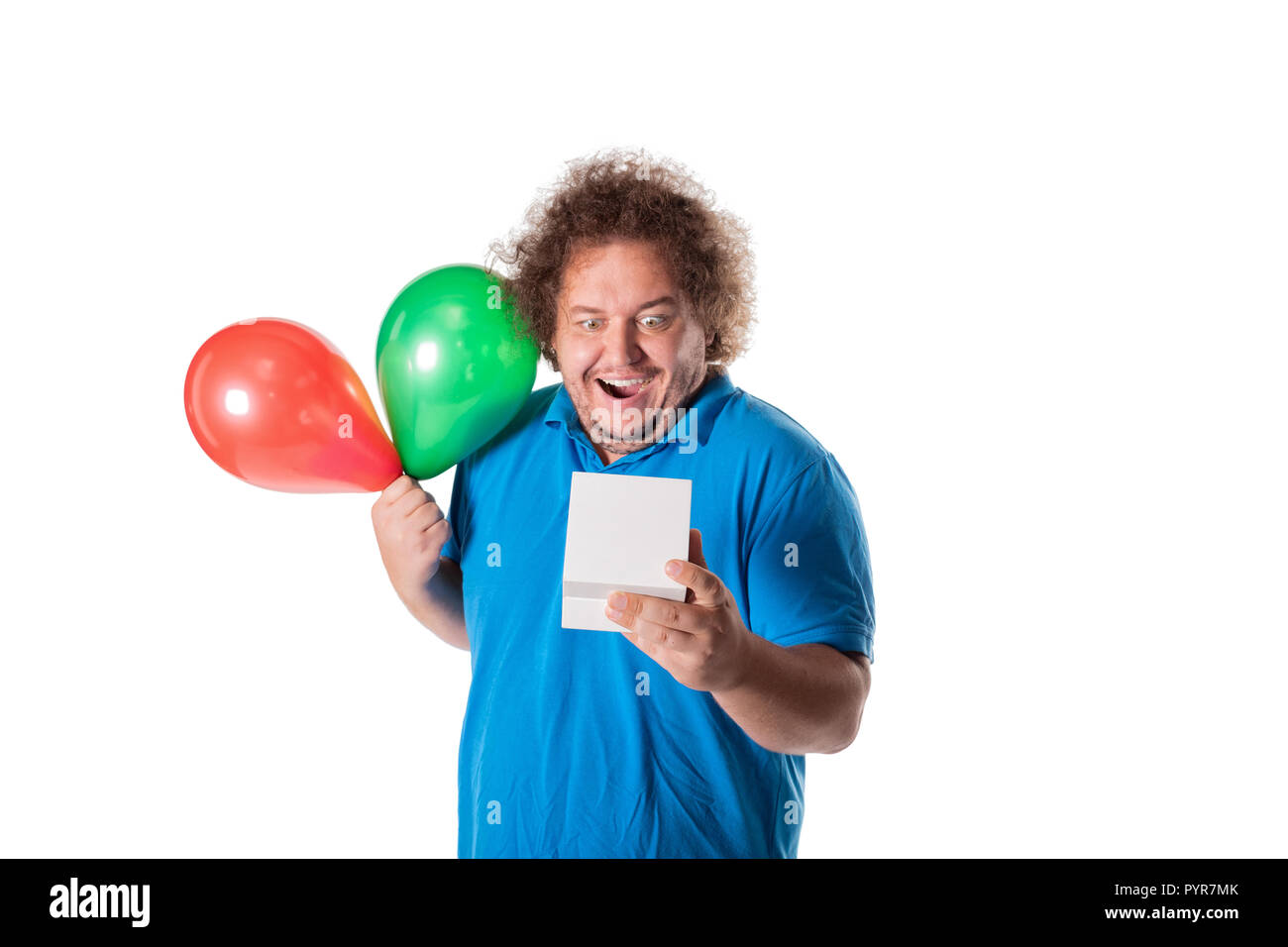 Funny fat man with gift and balloons. Happy birthday. Joy and fun Stock ...