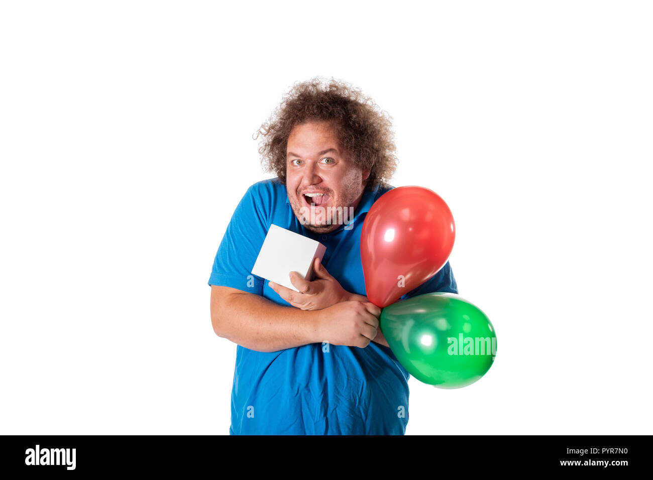 Funny fat man with gift and balloons. Happy birthday. Joy and fun Stock ...