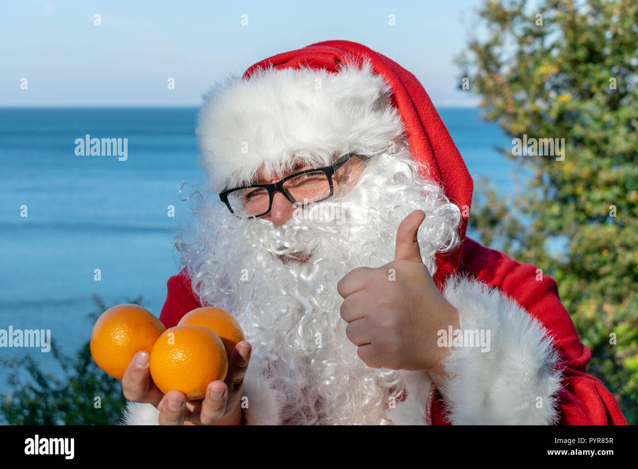 Fat man in glasses dressed as Santa holds tangerines on the ocean Stock ...