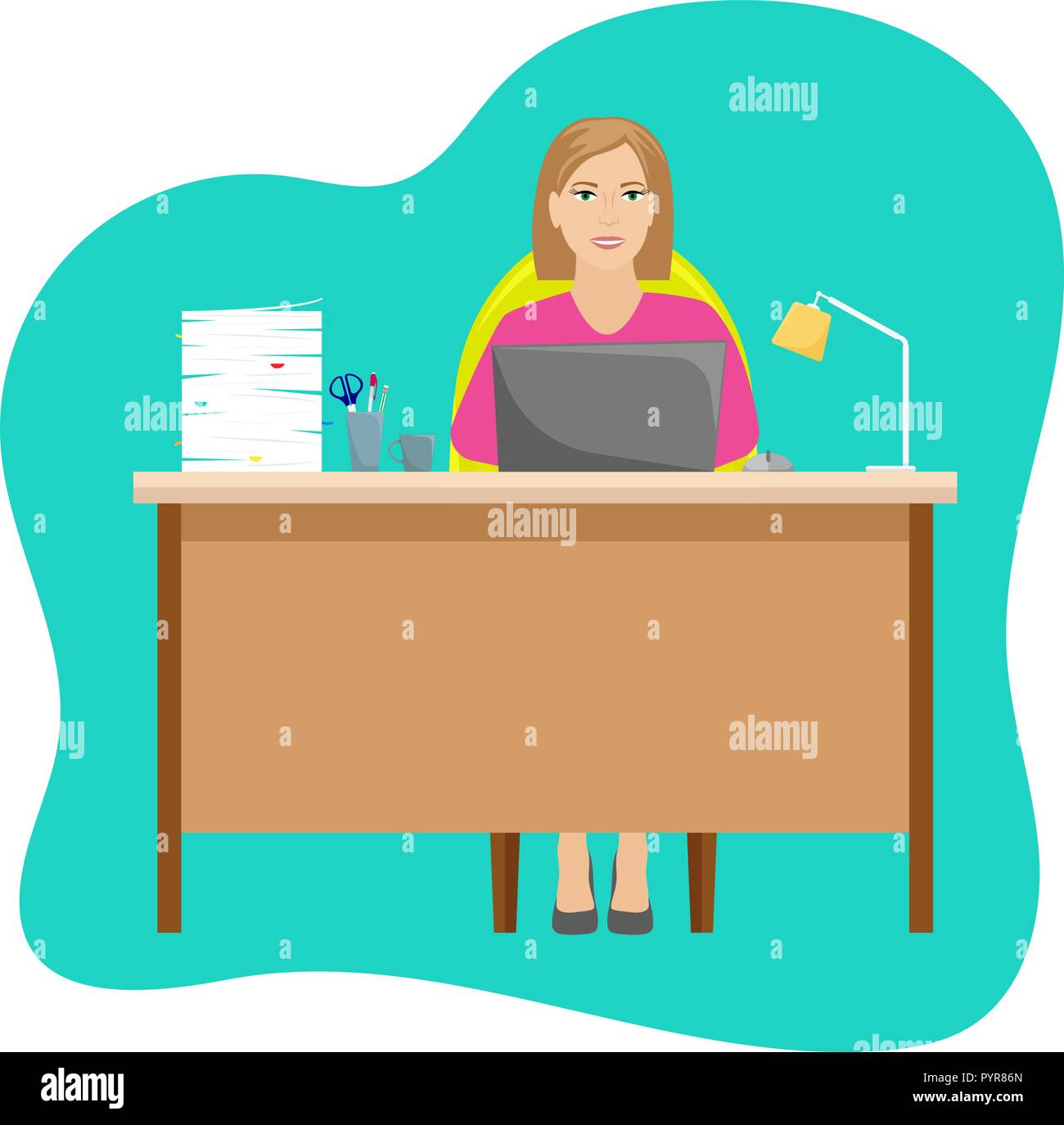 Woman Secretary at the Desk with a pile of papers and a laptop. Vector ...