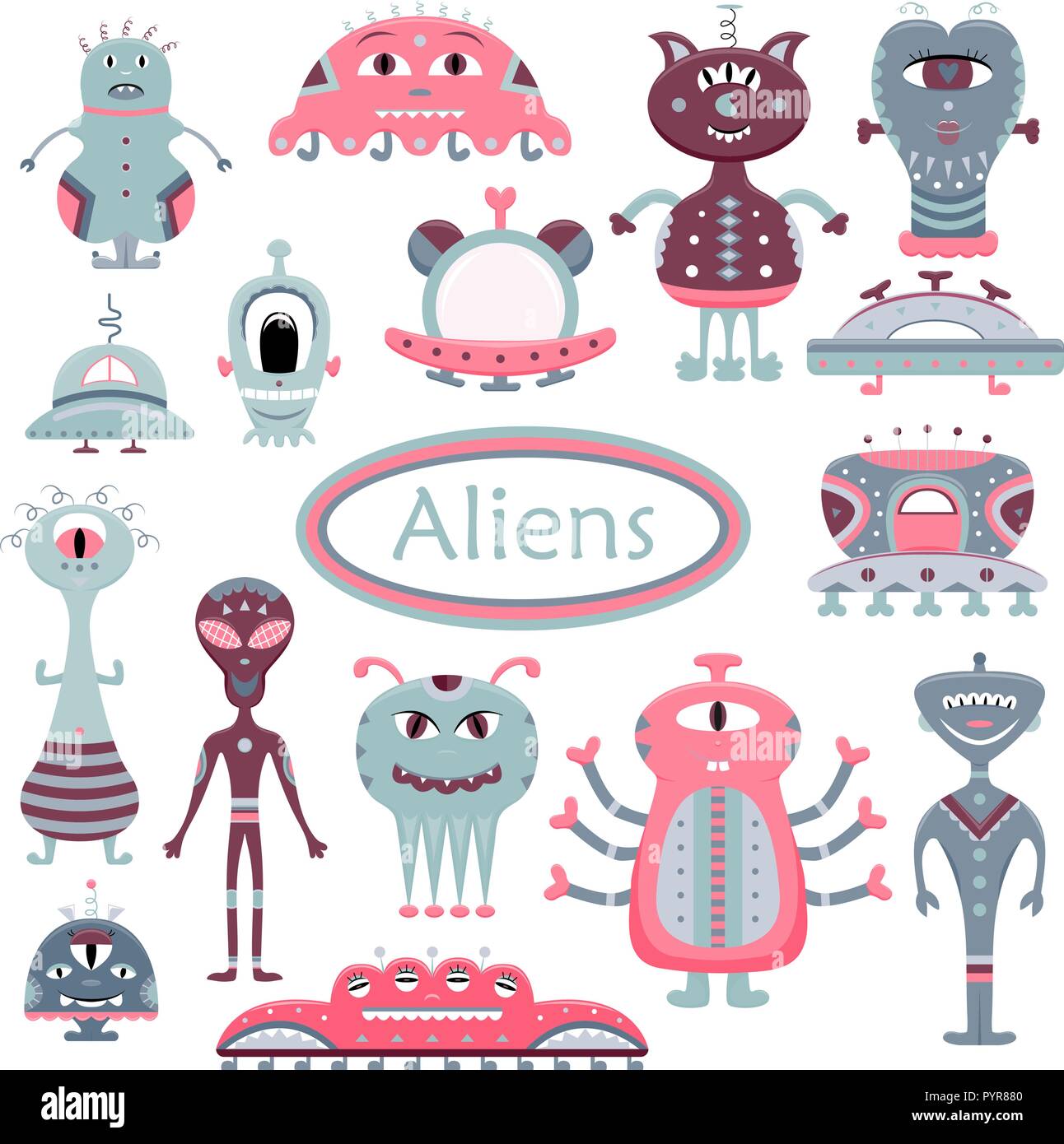 The vector cartoon set with flat aliens. Funny characters Stock Vector ...