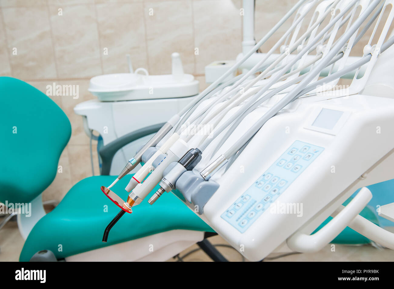 Equipment and dental instruments in dentist's office. Tools close-up ...