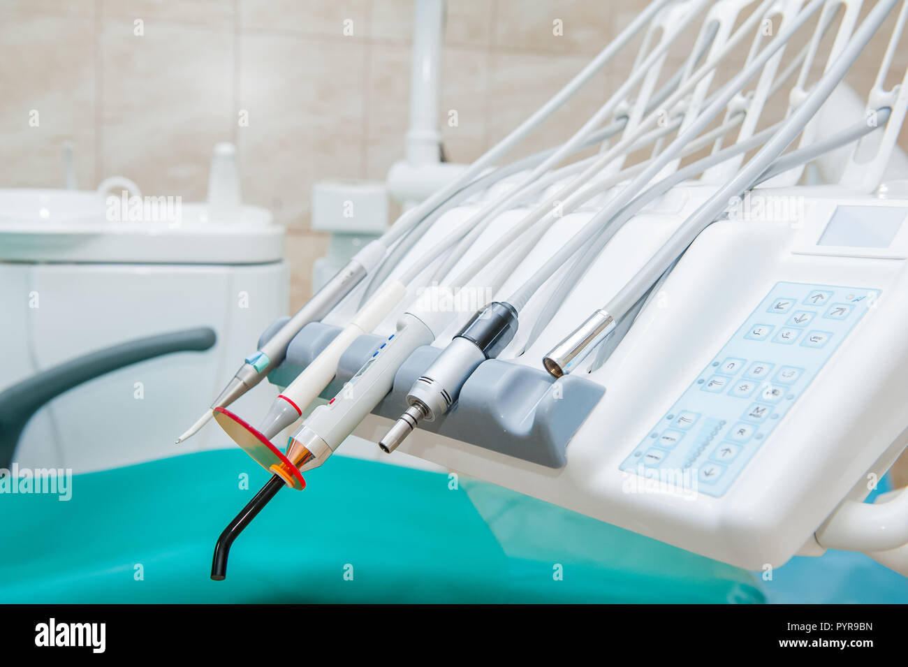 Equipment and dental instruments in dentist's office. Tools close-up ...