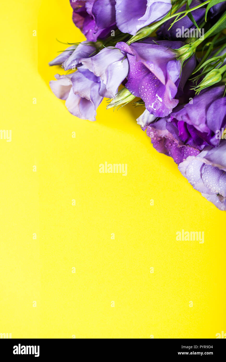 Beautiful Bouquet of Purple Eustoma flowers, Lisianthus, bright yellow ...