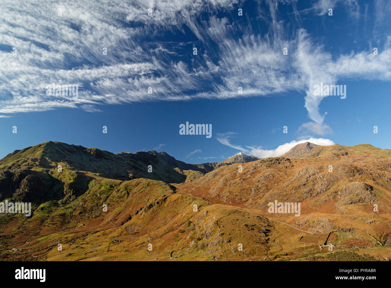 Snowdonia National Park in Wales. The snow capped peak of Mount Snowdon ...