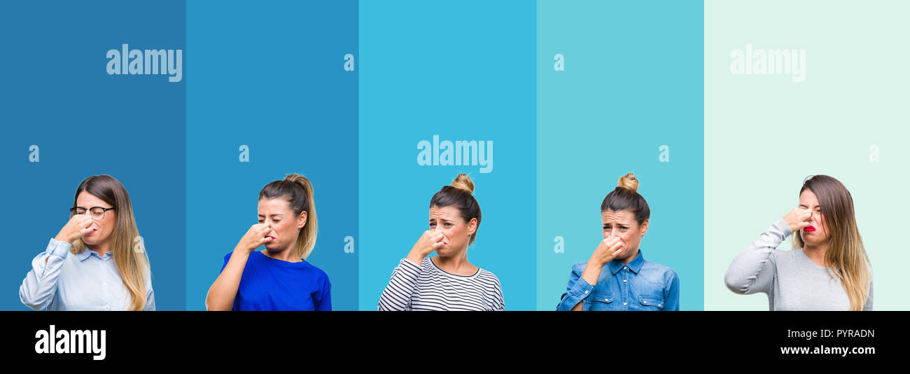 Collage of young beautiful woman over blue stripes isolated background ...