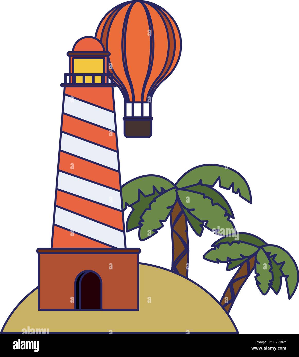 lighthouse in beach with hot air balloon vector illustration graphic ...