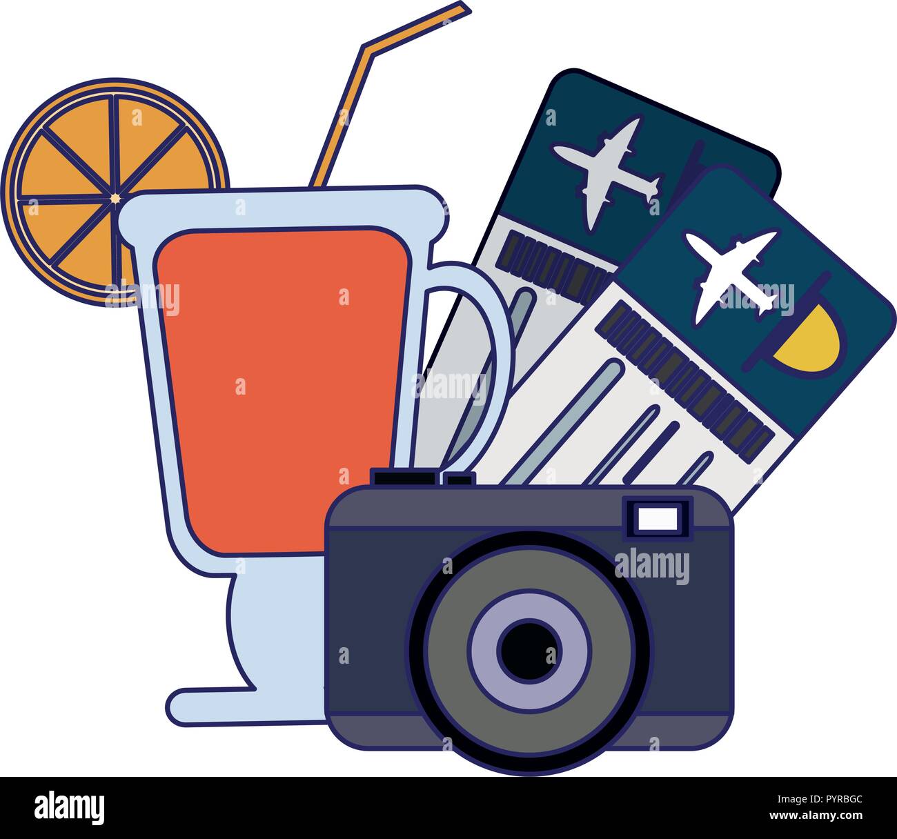 Travel flight tickets camera and cocktail symbols vector illustration ...