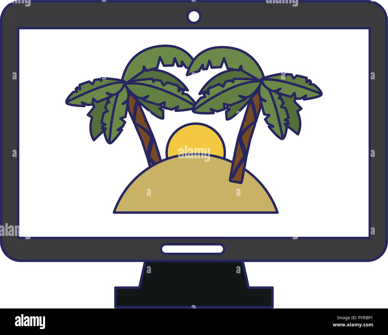 Travel and technology computer with beach on screen vector illustration ...