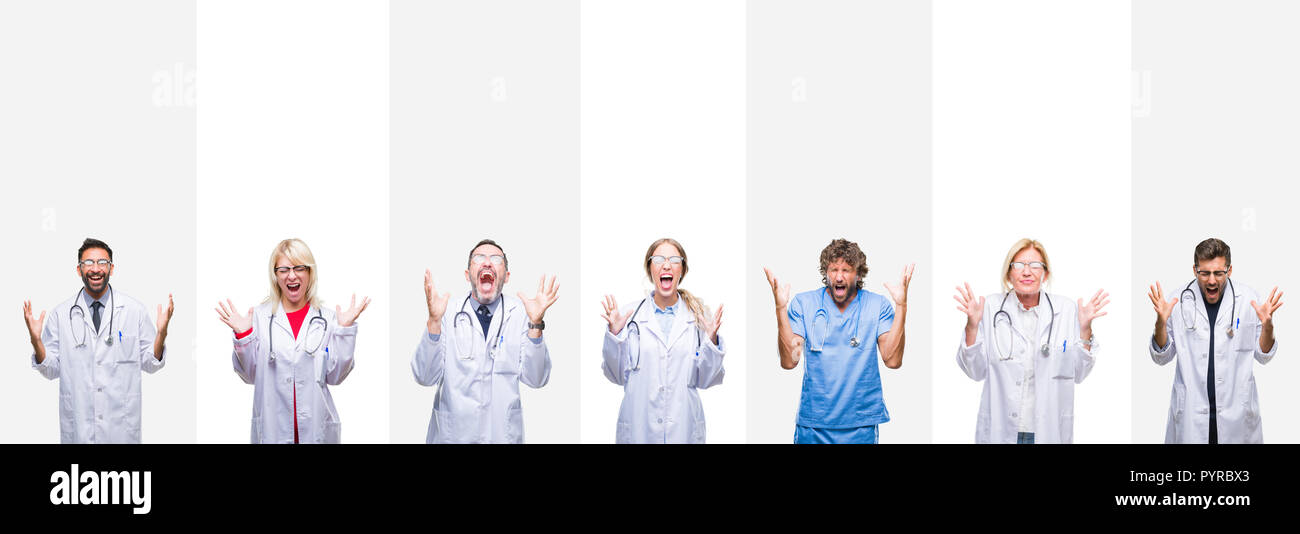 Collage of professional doctors over stripes isolated background ...