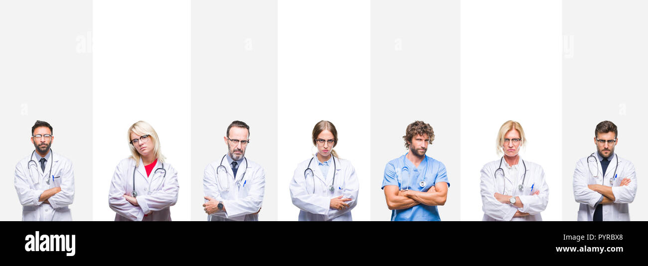 Collage of professional doctors over stripes isolated background ...