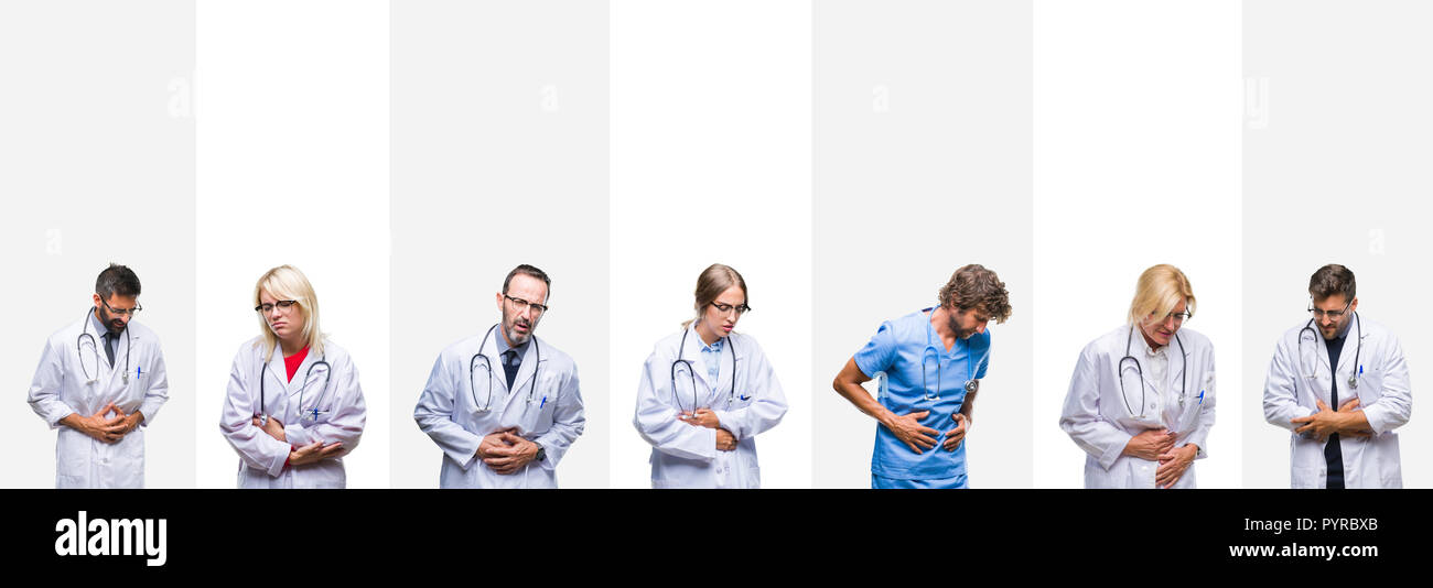 Collage of professional doctors over stripes isolated background with ...